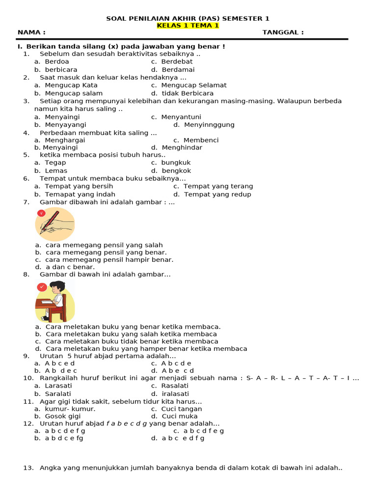 Soal PAS Kelas 1 Sem 1 - TEMA 1 - Kamimadrasah | PDF