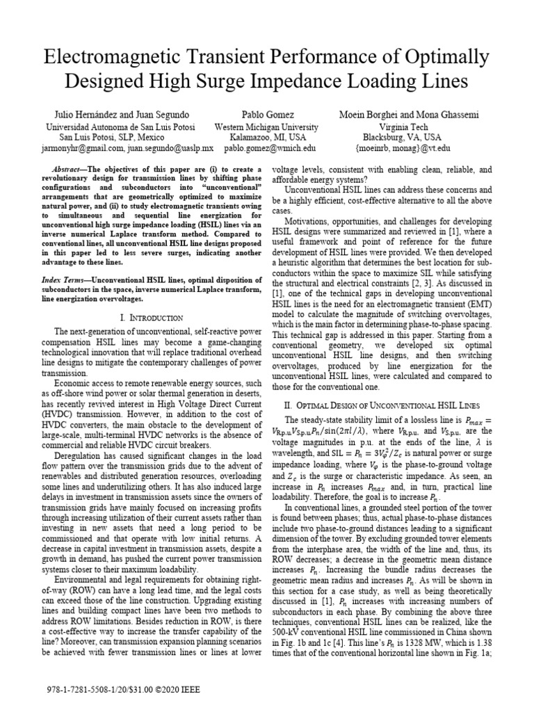 Electromagnetic Transient Performance of Optimally Designed High Surge Impedance Loading Lines | PDF