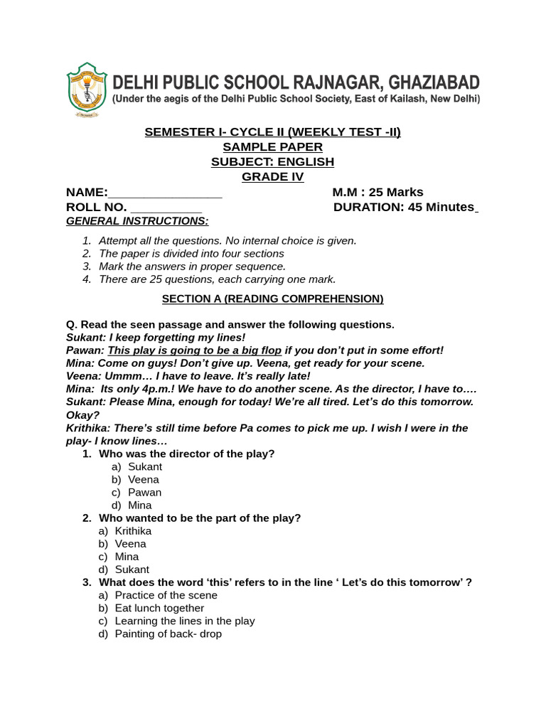 WT2 - Sample - Paper - Grade - 4 - English1 (August) | PDF