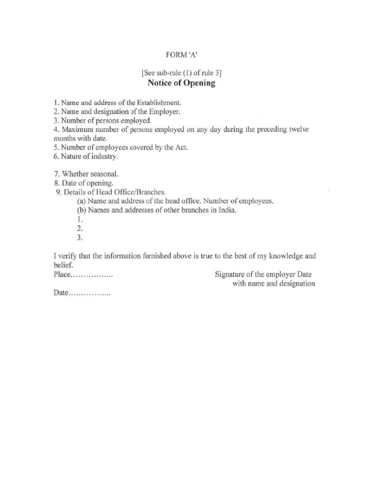 Form A _Opening of Establishment Intimation | PDF