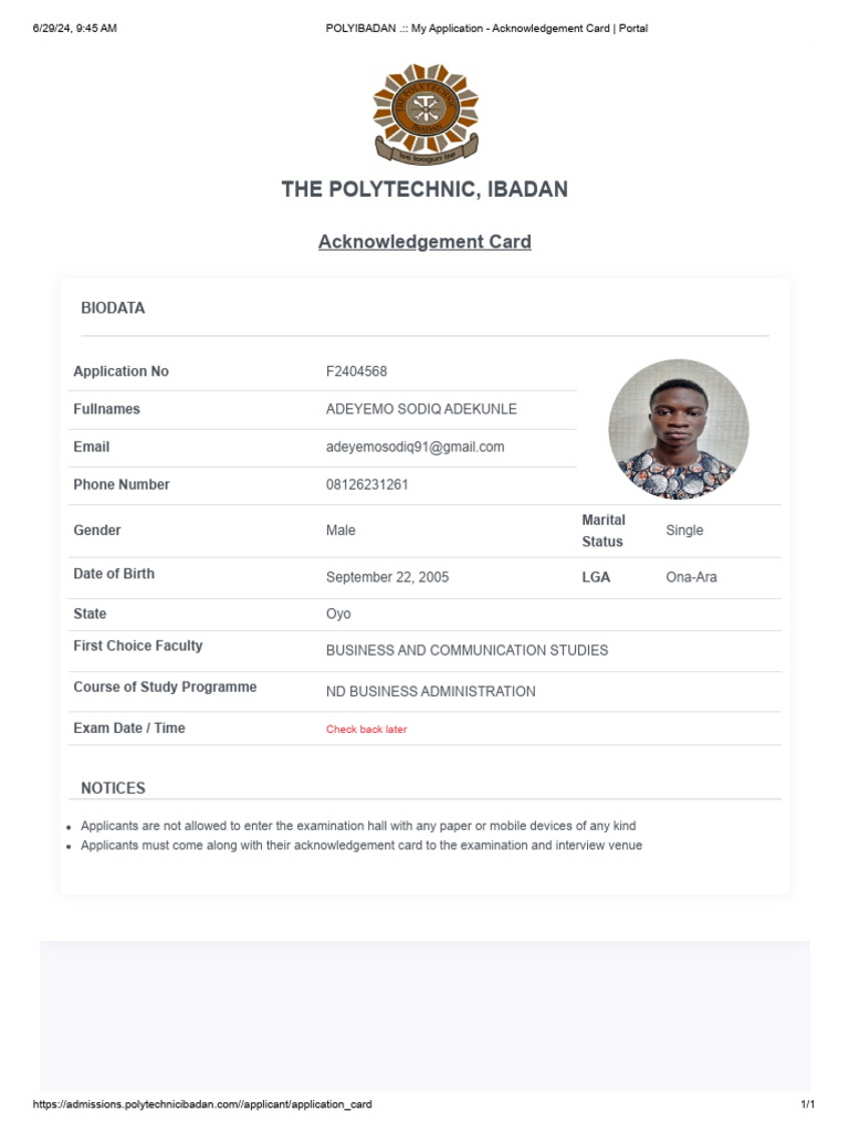 SODIQ POLYIBADAN - My Application - Acknowledgement Card | PDF