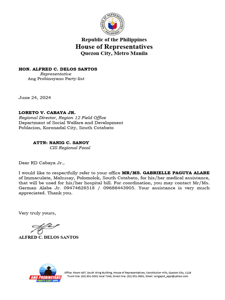 DSWD Endorsement Letter - Gabrielle Paguya Alabe | PDF