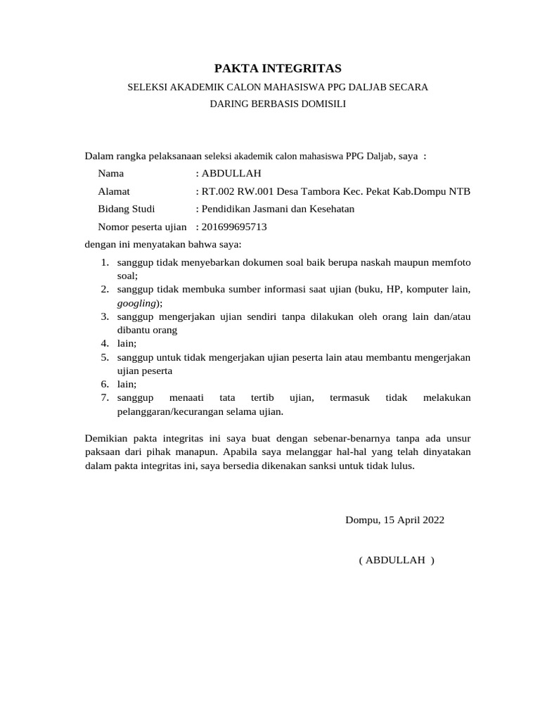Pakta Integritas | PDF