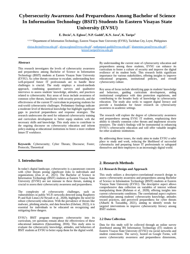 Cybersecurity Awareness and Preparedness Among Bachelor of Science in Information Technology ...