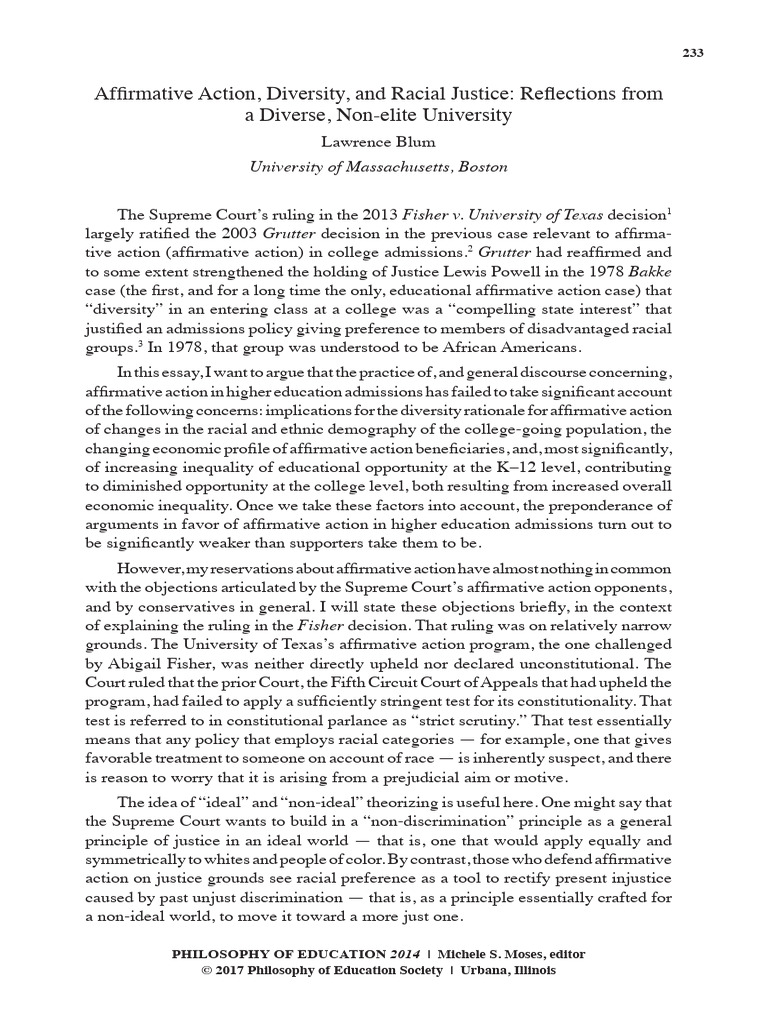 Lawrence Blum - Affirmative Action, Diversity, and Racial Justice | PDF