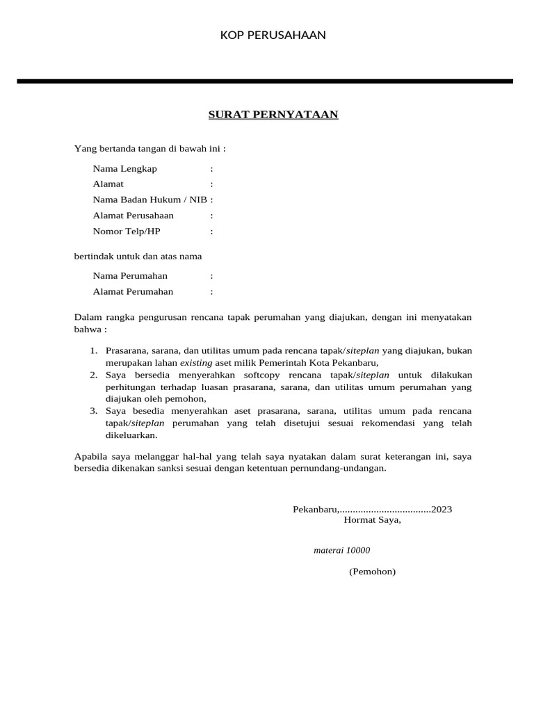 Surat Pernyataan Menyerahkan Psu & Rencana Tapak Perumahan | PDF