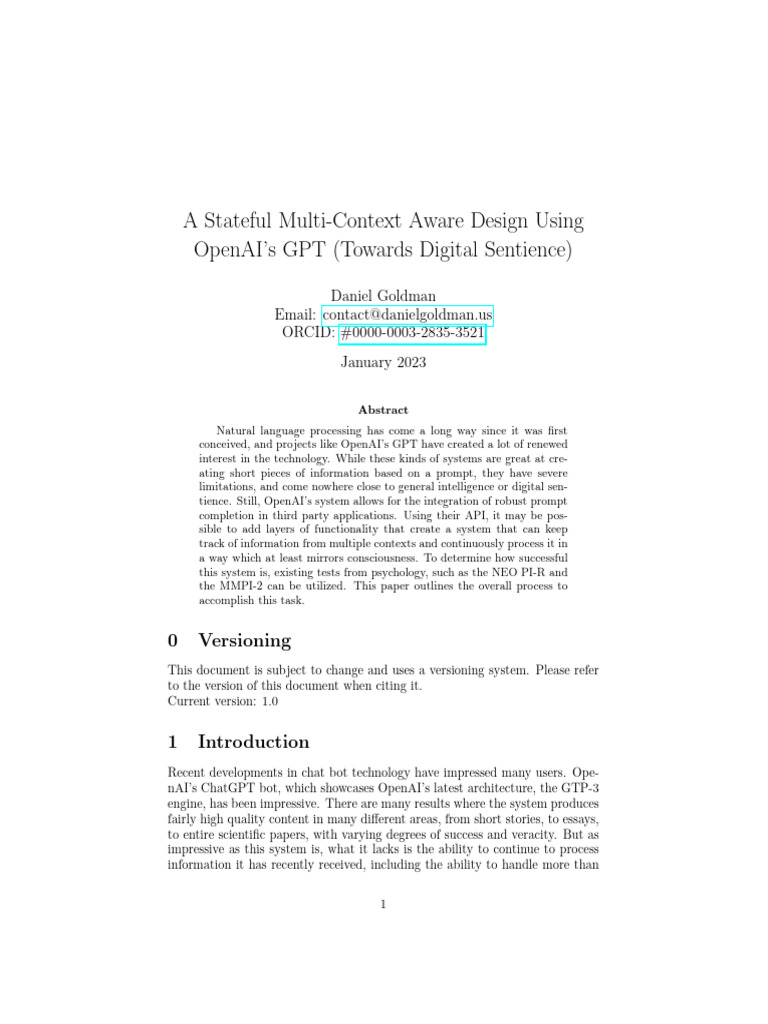 A Stateful Multi Context Aware Design Using OpenAI S GPT Towards Digital Sentience | PDF