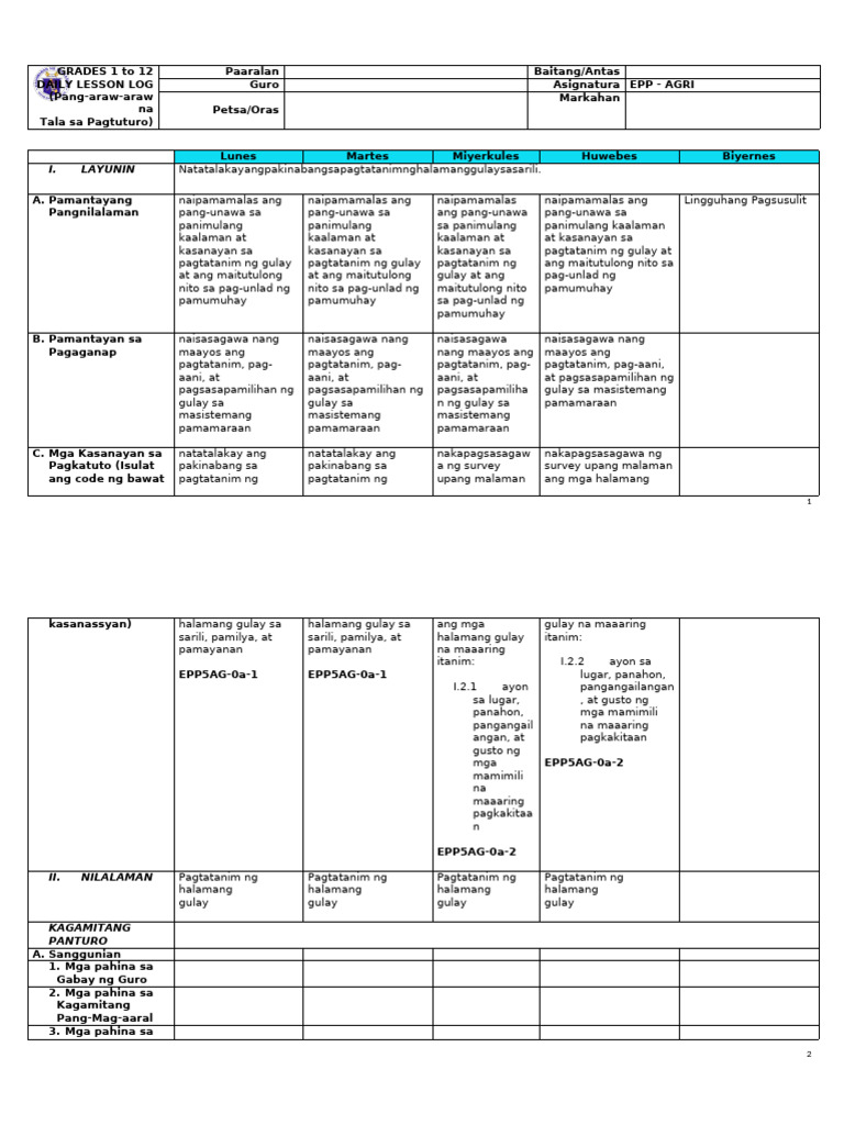 DLL Epp Agri Week 1-8 | PDF