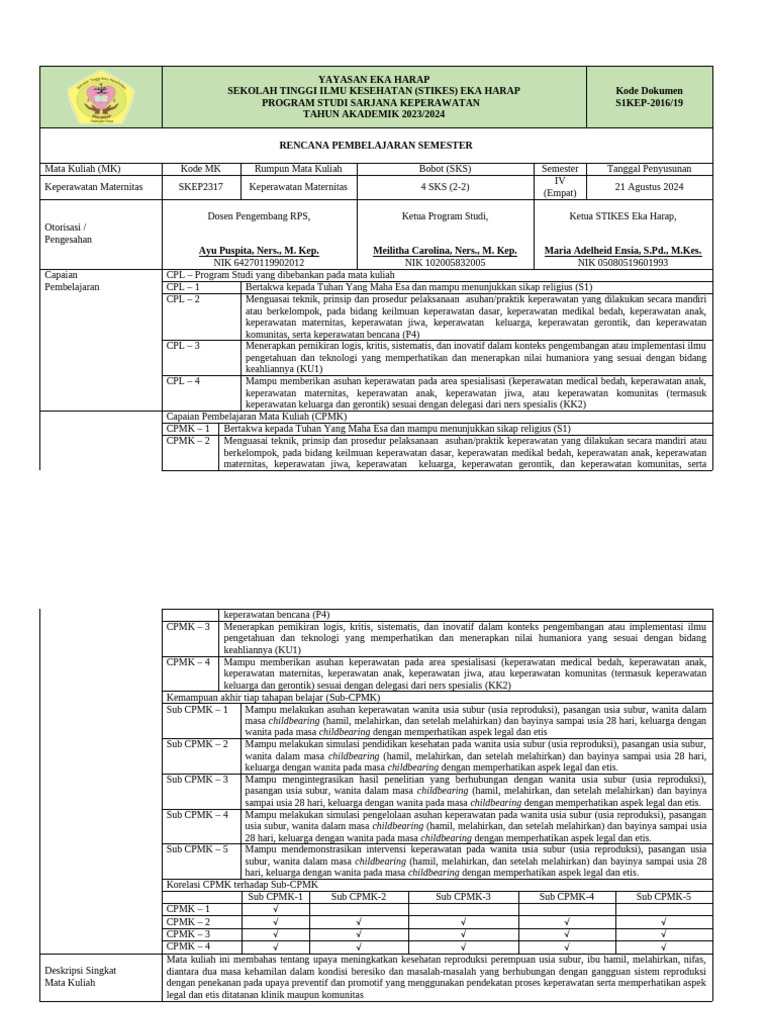 RPS Keperawatan Maternitas 2024 Print | PDF
