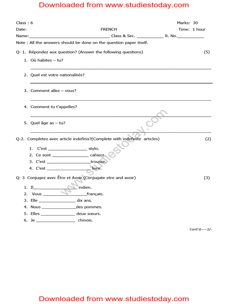 CBSE Class 6 French Question Paper Set A | PDF