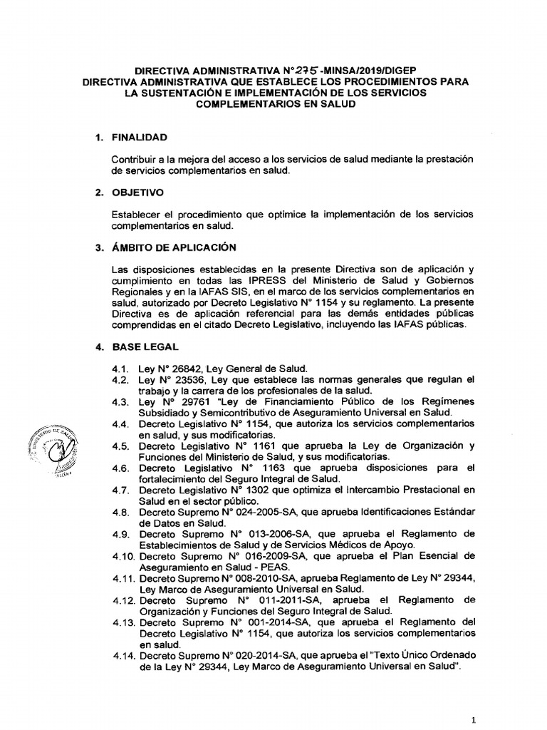 rm-801-2019-minsa Directiva para SERVICIOS COMPLEMENTARIOS | PDF