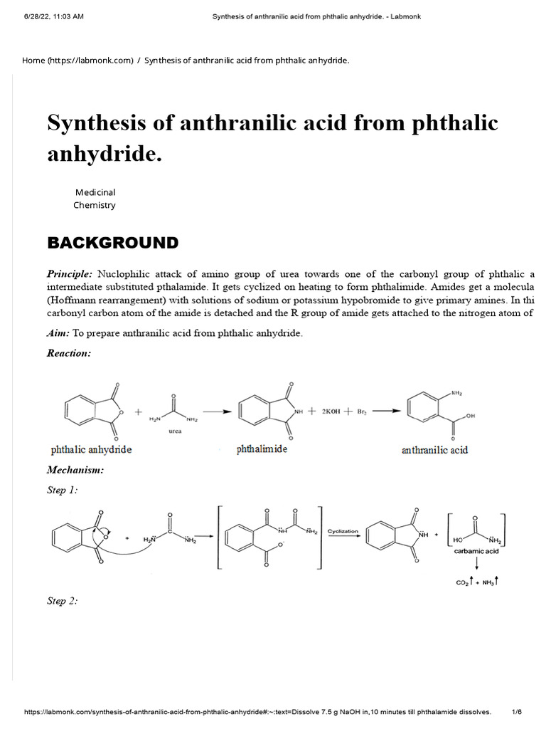 Synthesis of Anthranilic Acid From Phthalic Anhydride. - Labmonk | PDF