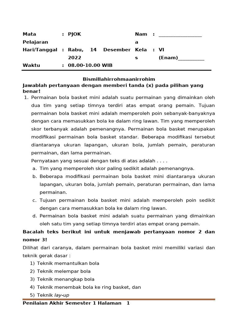 Soal Akm Pas Pjok KLS 6 SD Ashfiya | PDF