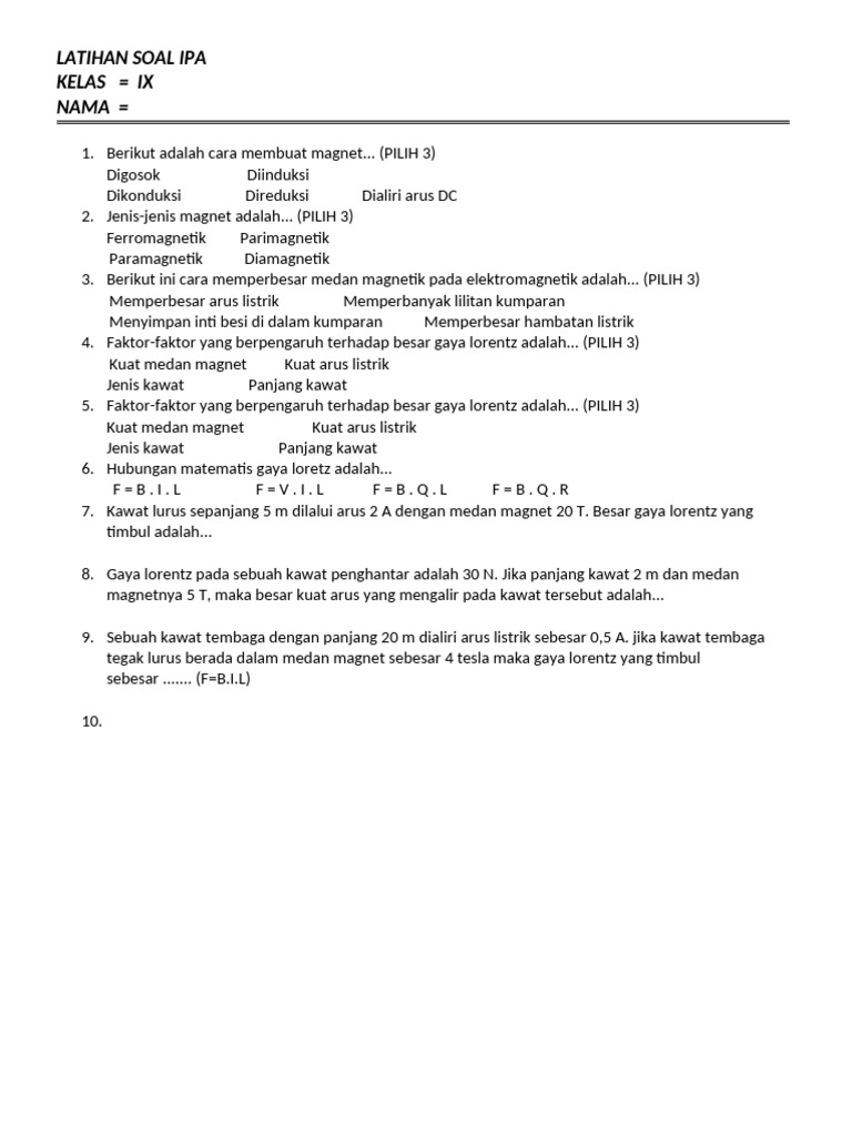 LATIHAN SOAL IPA (9) Kemagnetan Gaya Lorent | PDF
