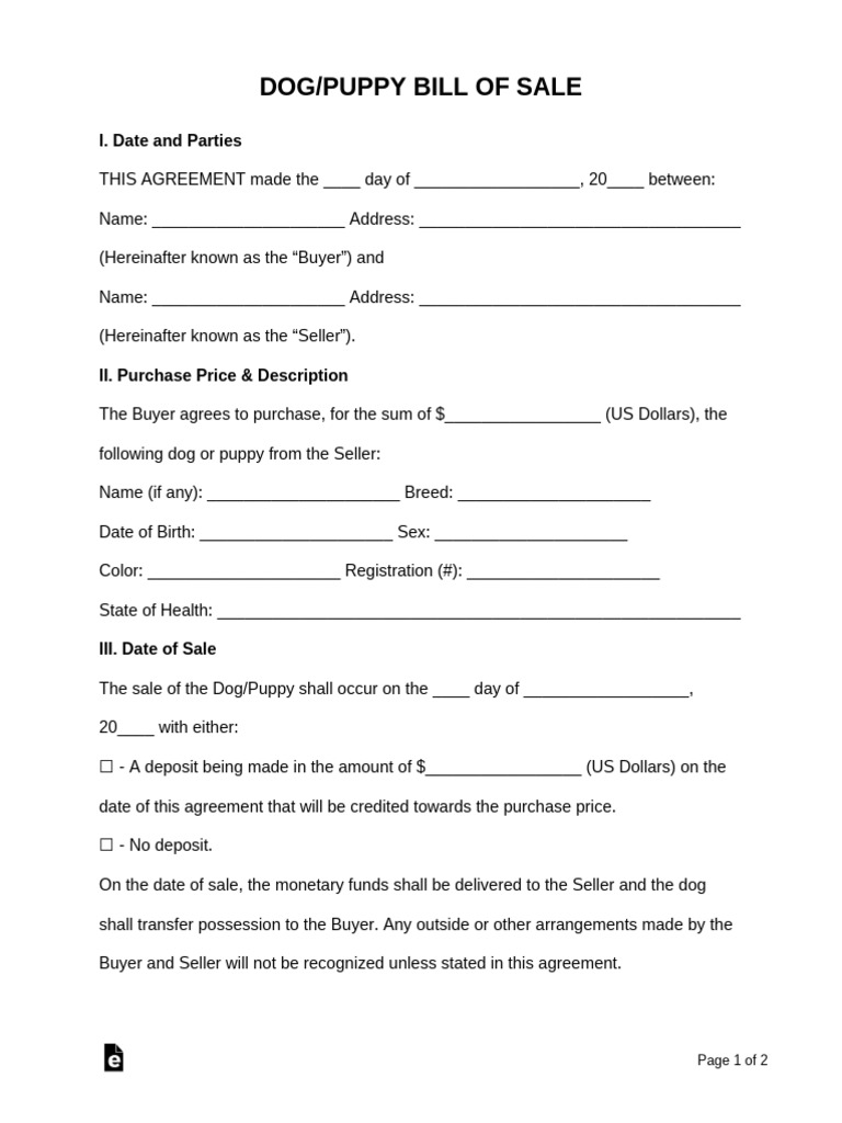 Dog Puppy Bill of Sale Form | PDF