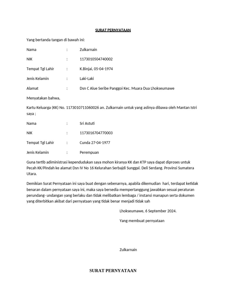 Surat Pernyataan Pindah KK BG Jol Prin | PDF