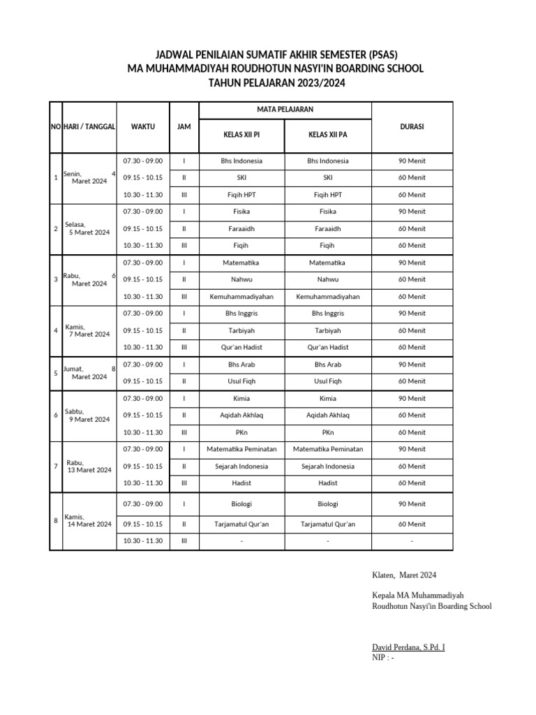 001.JADWAL PAT XII Dan PENGAWAS PAS T.A 2023-2024 | PDF