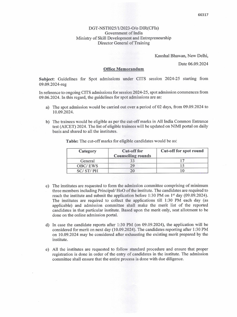 CITS Spot Admission Guidelines 2024-25 | PDF