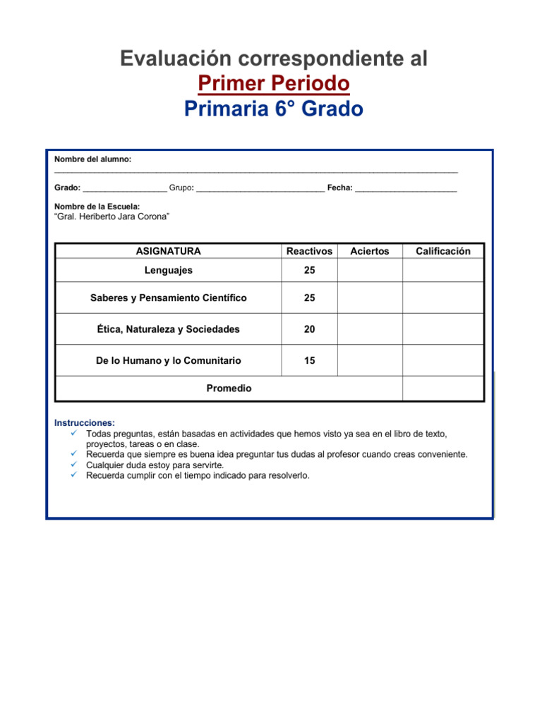 6° Grado - Evaluación 1er Periodo | PDF