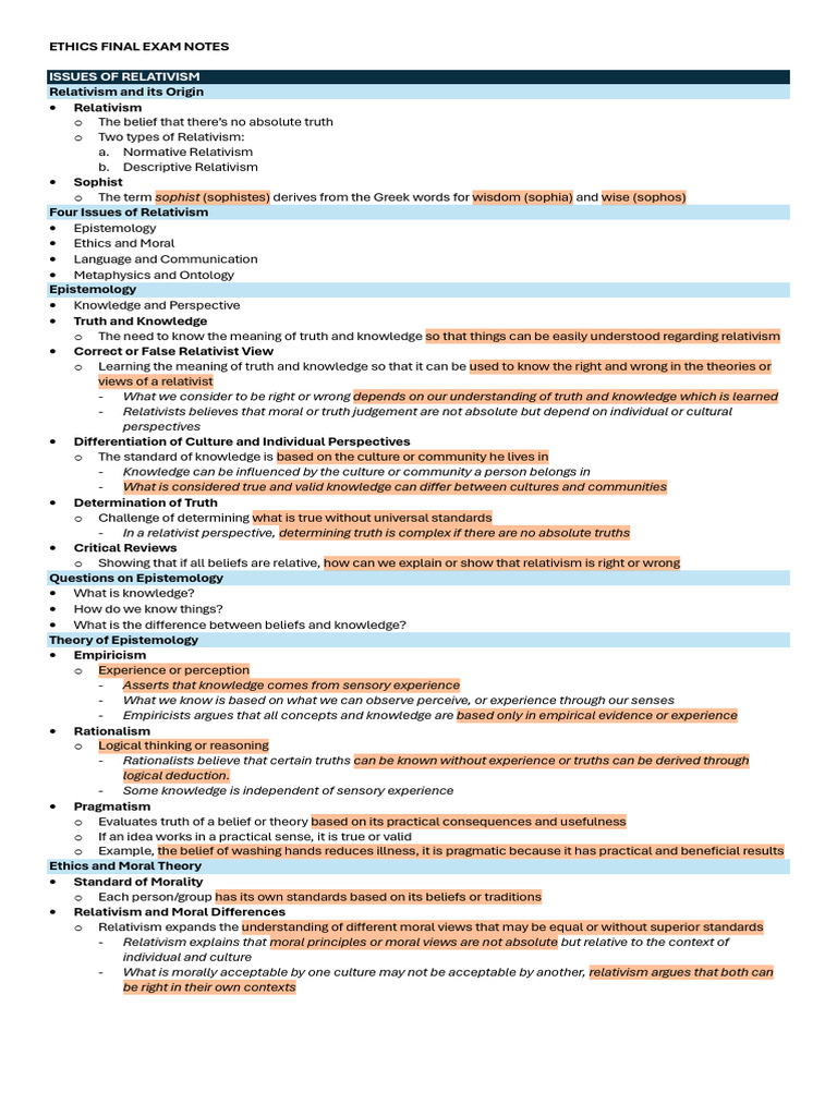 ETHICS FINAL EXAM NOTES | PDF