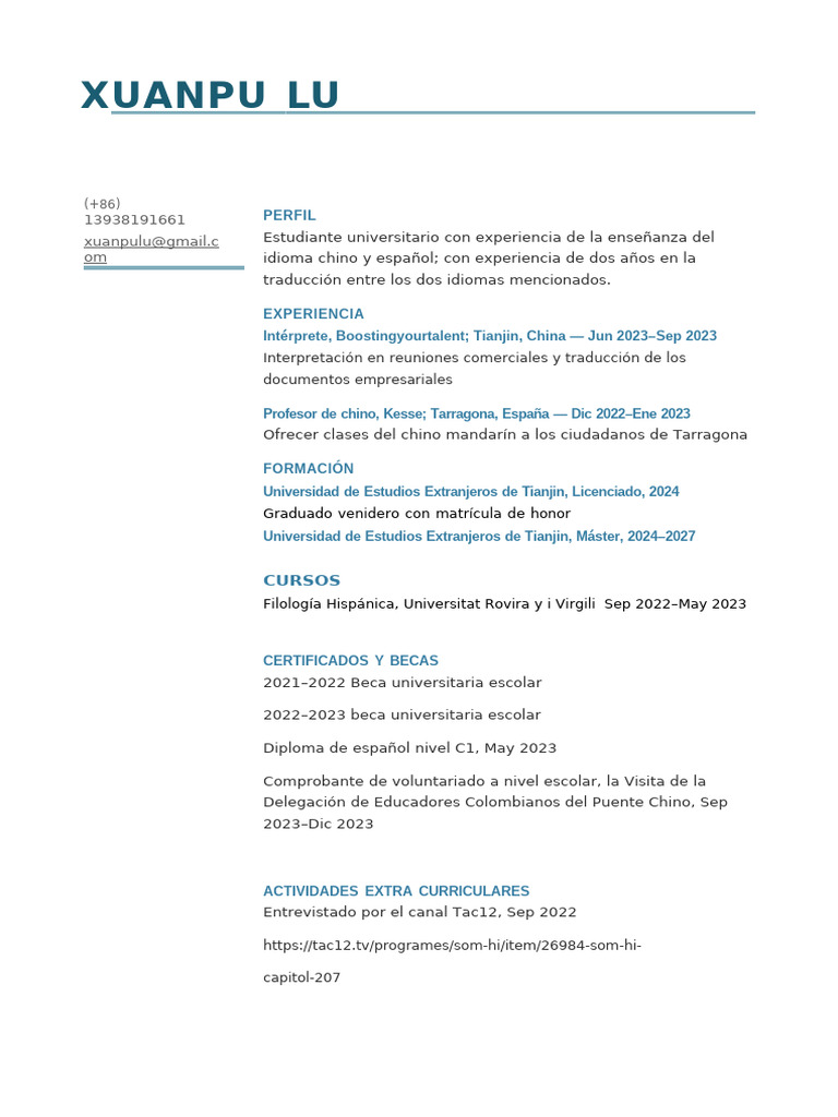 CV de Xuanpu Lu | PDF