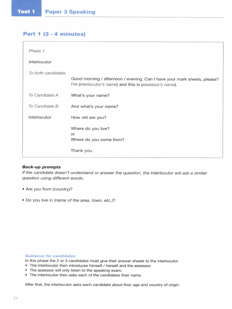 Test 1 - Speaking - english_for_schools_practice_test | PDF