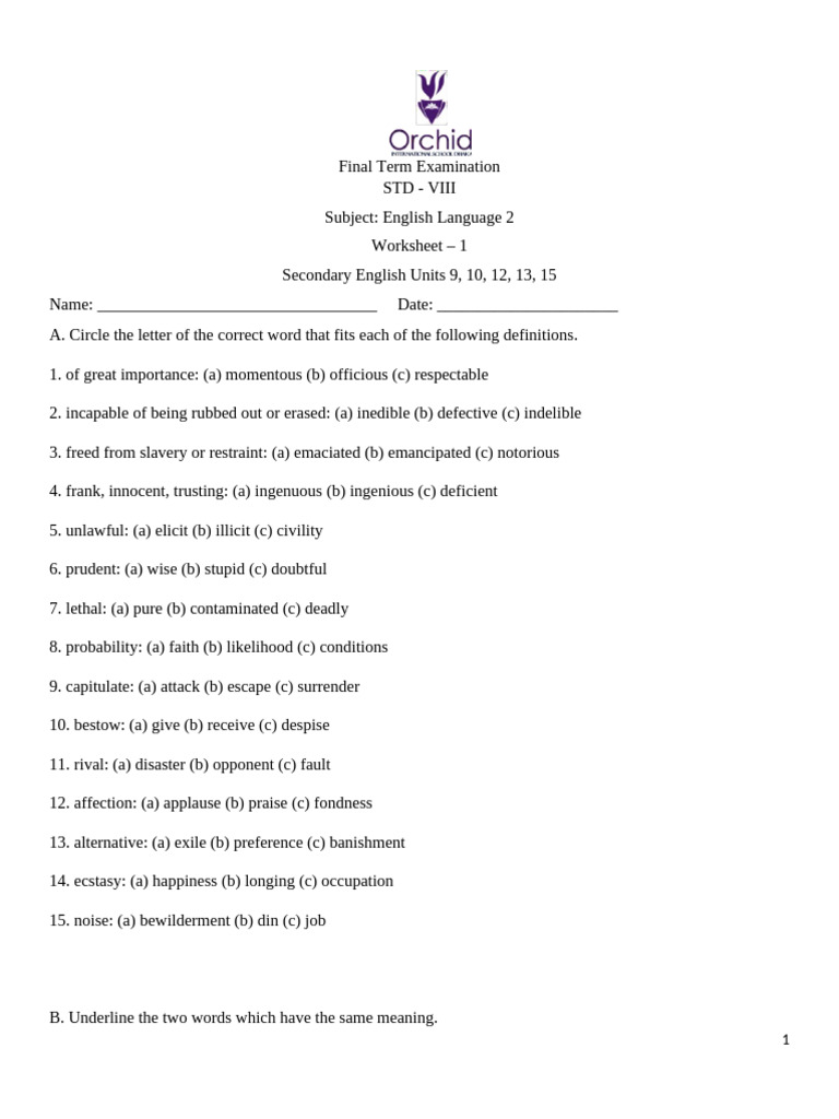 Class VIII English 2 Final Term Exam Worksheet 1 SE | PDF