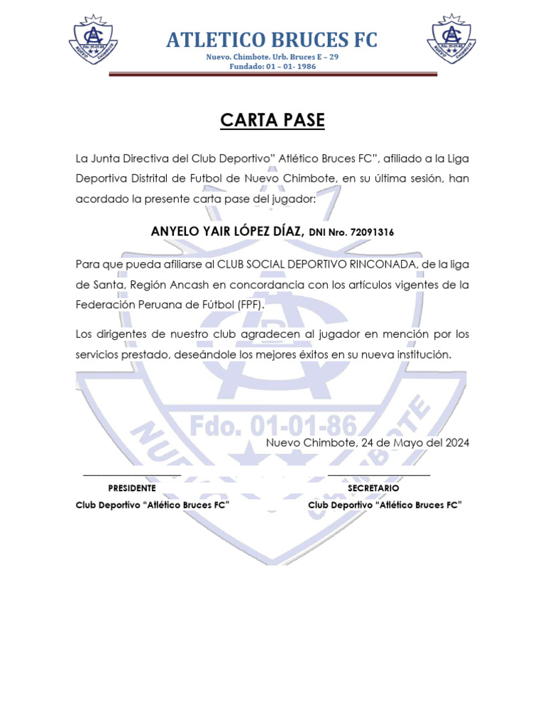 Carta Pase 2024 Anyelo | PDF