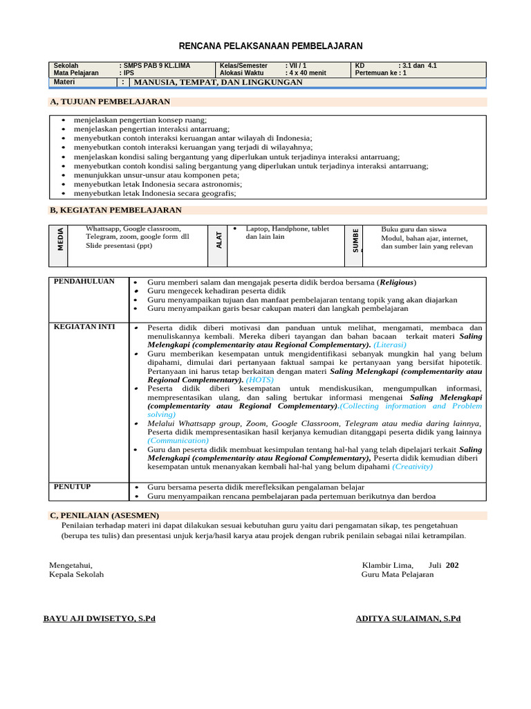 RPP IPS Kelas 7 1 Tahun | PDF