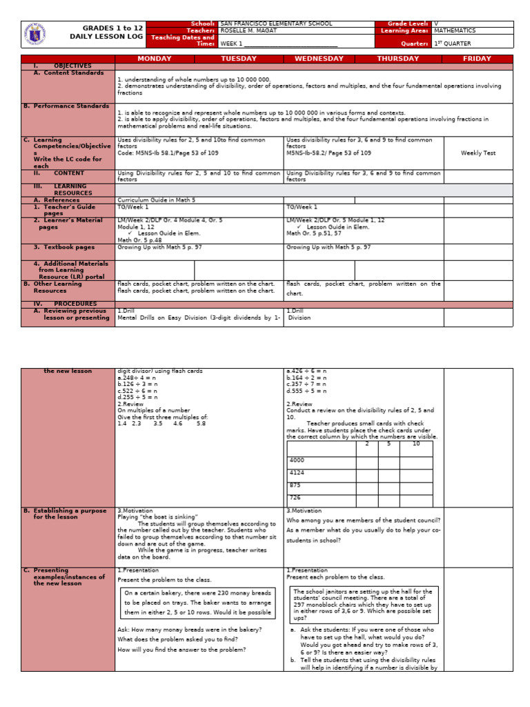 DLL - Mathematics 5 - Q1 - W1 | PDF