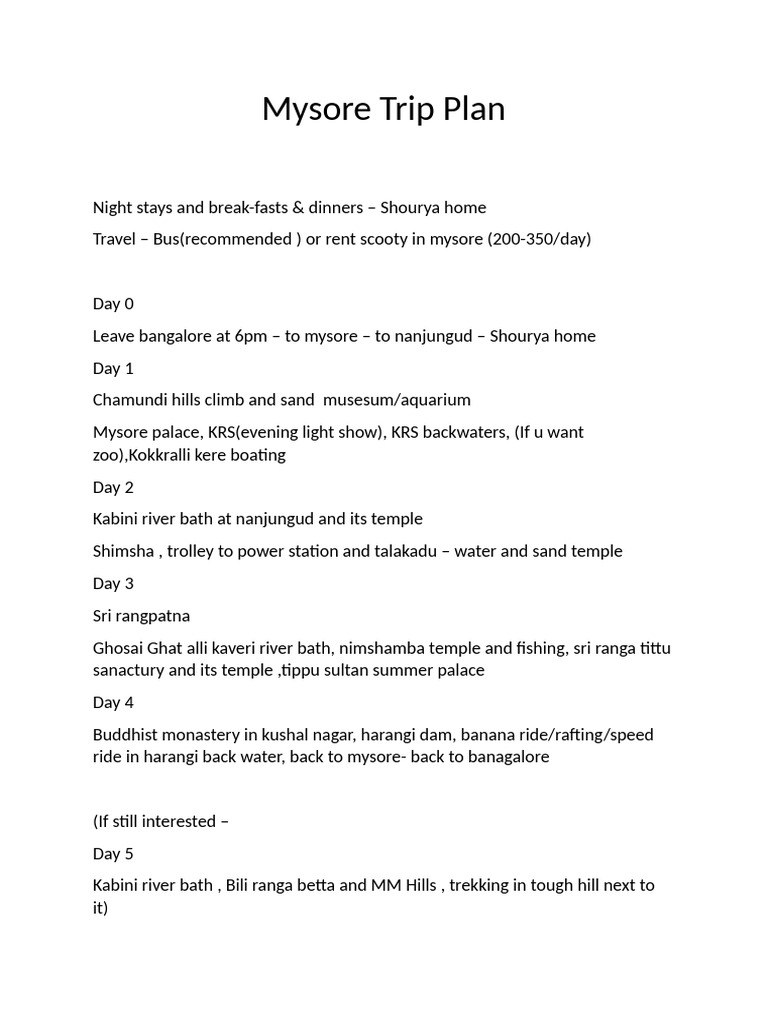 Mysore Trip Plan | PDF