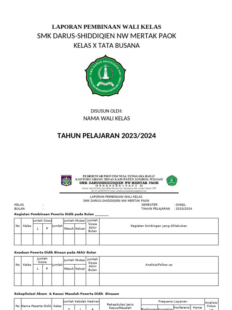 Format Laporan Wali Kelas | PDF