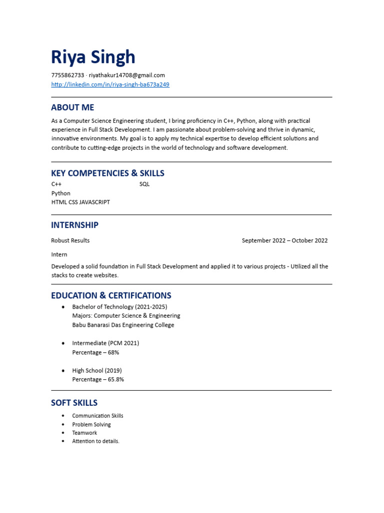 Riya Singh Resume 2 | PDF