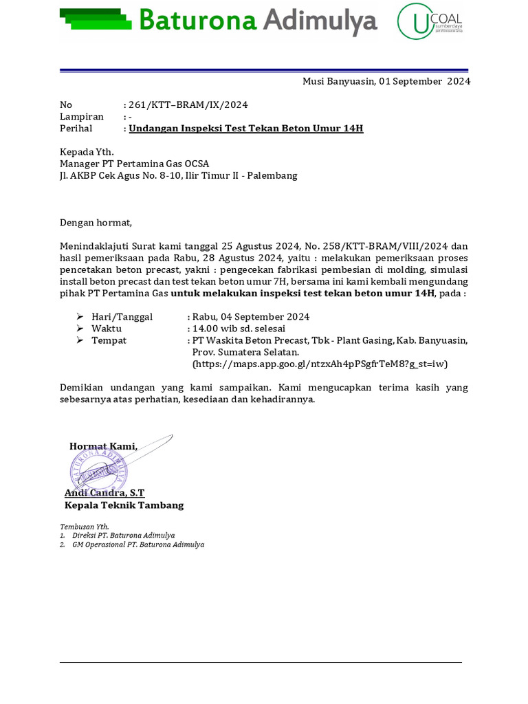 261 - KTT - Undangan Inspeksi Test Tekan Beton Umur 14H | PDF