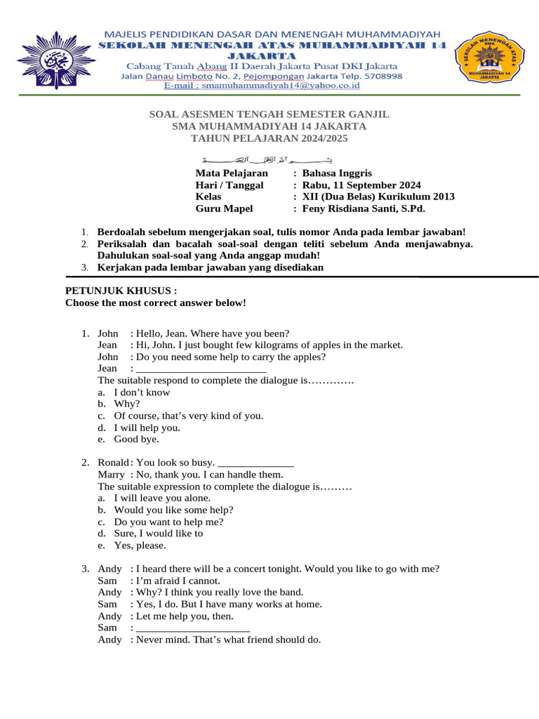 PTS Ganjil 2024 Bing Kelas Xii | PDF