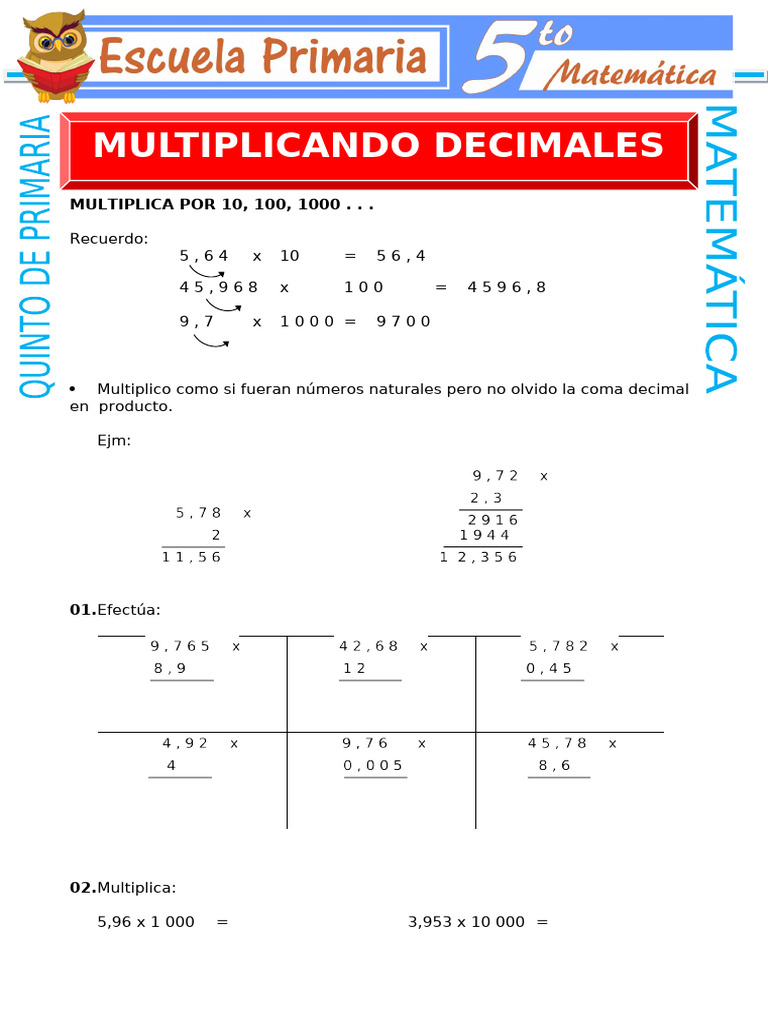 Multiplicando Decimales para Quinto de Primaria | PDF