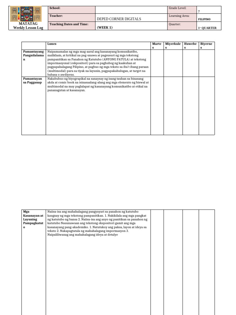 Dll-Week 1-Grade7-Filipino - Deped Corner Digitals | PDF