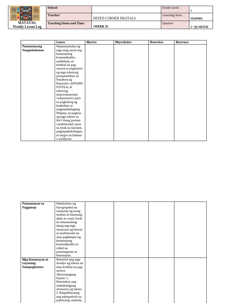 DLL-WEEK 2-GRADE7-FILIPINO -DEPED CORNER DIGITALS, | PDF