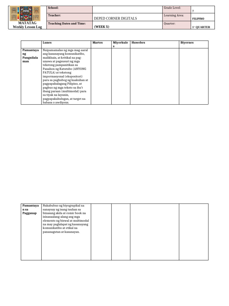 DLL-WEEK 5-GRAD7-FILIPINO -DEPED CORNER DIGITALS, | PDF