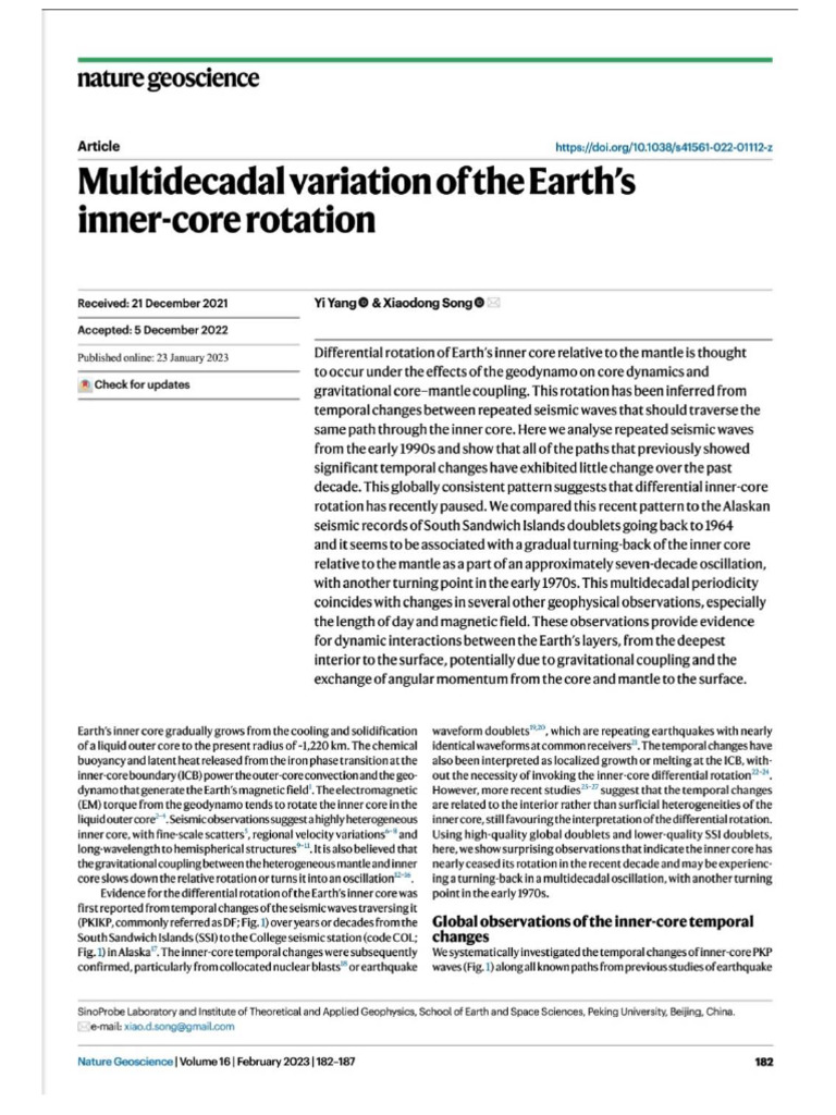 Multidecadal Variation of The Earth's Inner-Core Rotation | PDF