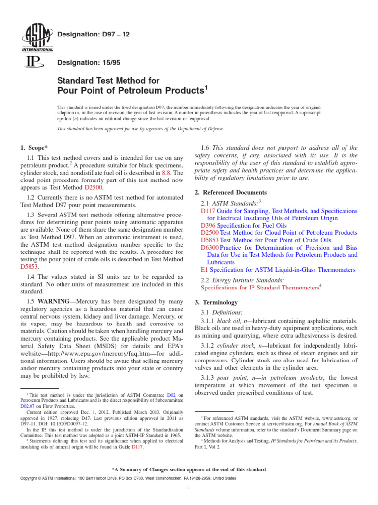 Pour Point of Petroleum Products: Standard Test Method For | PDF