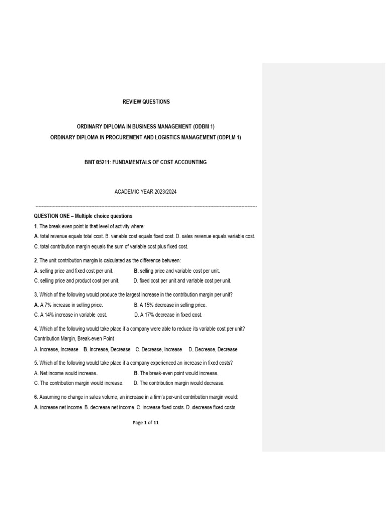 Cost Accounting Review Questions | PDF | Inventory | Dividend