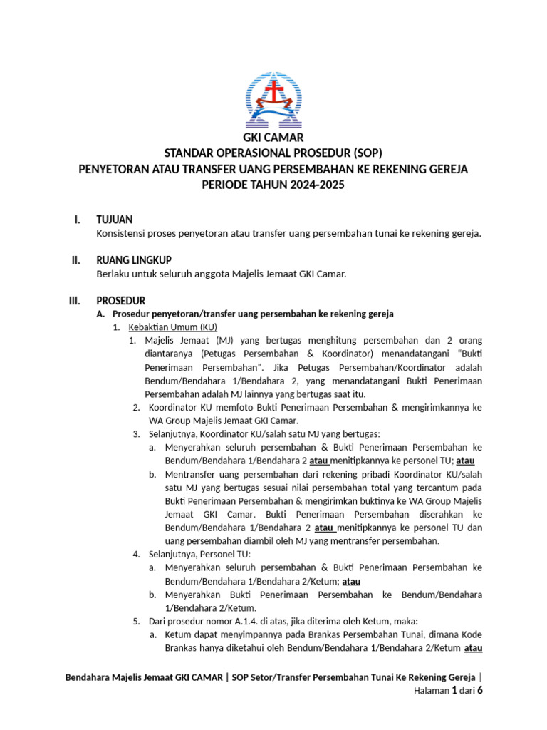 SOP Penyetoran Atau Transfer Uang Persembahan Tunai Ke Rekening Gereja ...