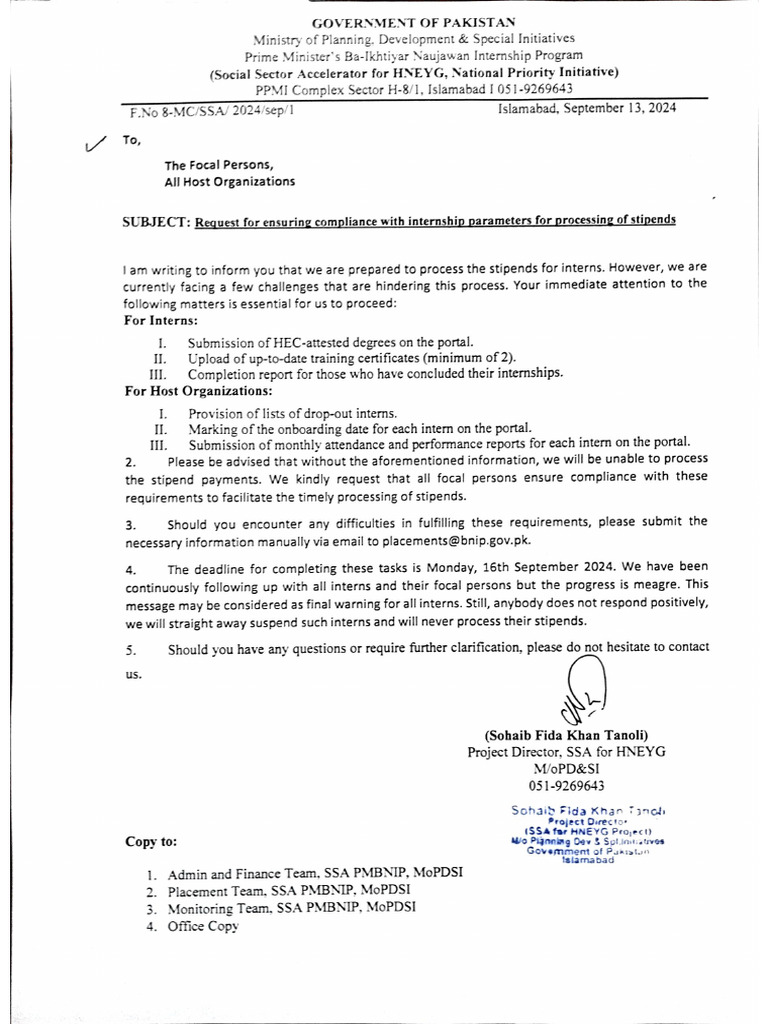 Letter From Project Director To All Focal Persons of Host Organizations ...