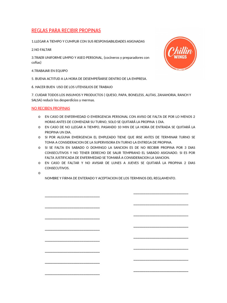 Reglas para Recibir Propinas | PDF