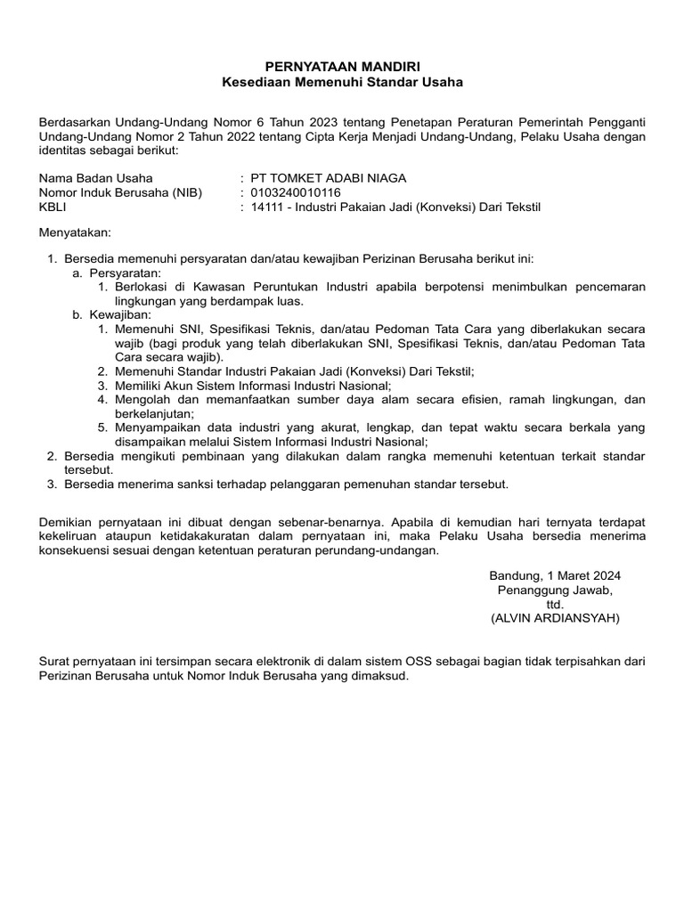 Pernyataan Mandiri Standar Usaha | PDF