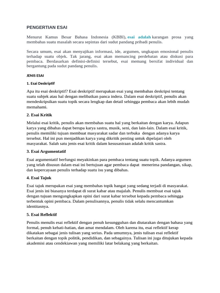 Tugas BHS Indo Pengertian Esai | PDF