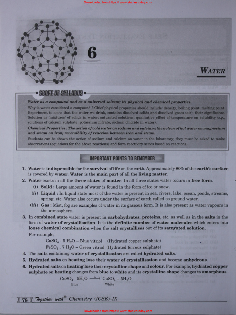 ICSE Class 9 Chemistry Chapter 06 Water | PDF ICSE Class 9 Chemistry Chapter 06 Water | PDF