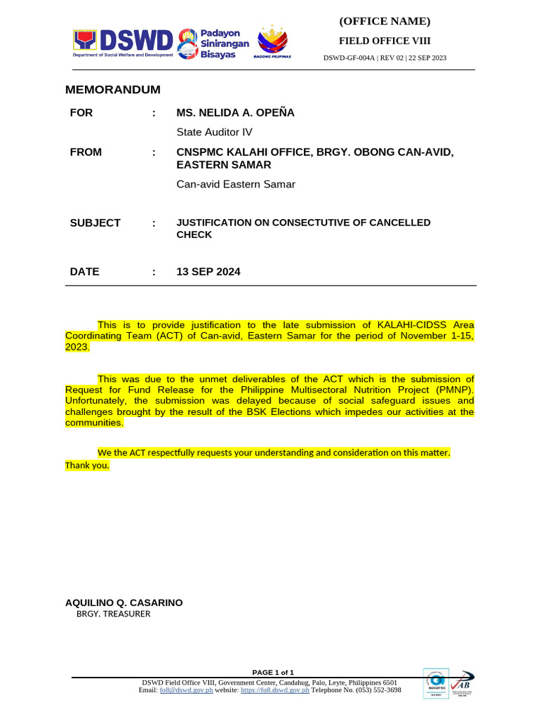 Sample Justification Letter For Cancelled Checks | PDF