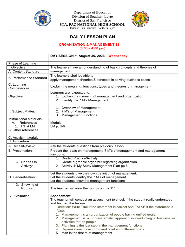 Daily Lesson Plan: Sta. Paz National High School | PDF